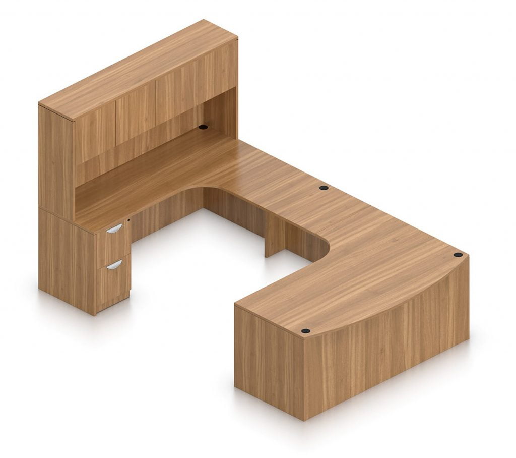 (Set) Laminate U-Shaped Bow Front Desk With Right Corner Credenza And Hutch